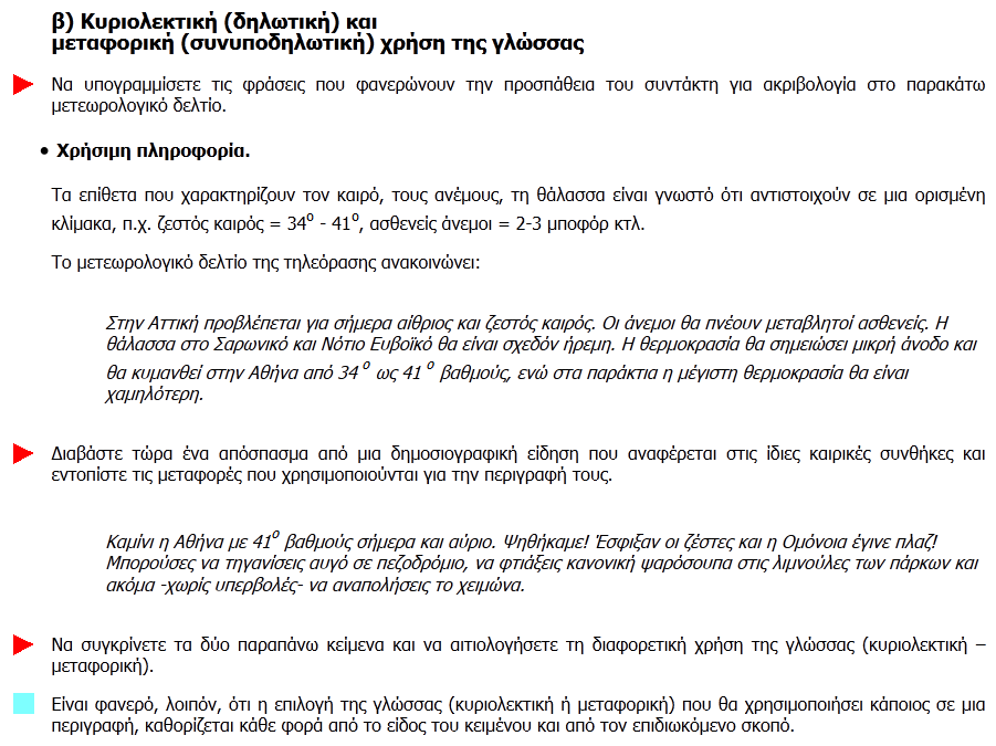 Κυριολεκτική (δηλωτική) και μεταφορική (συνυποδηλωτική) χρήση της γλώσσας